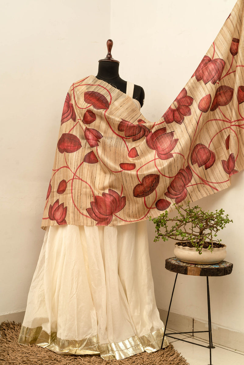 Buy mahroon Handwoven Tussar Dupatta on Guthali.com, Handpainted Dupatta