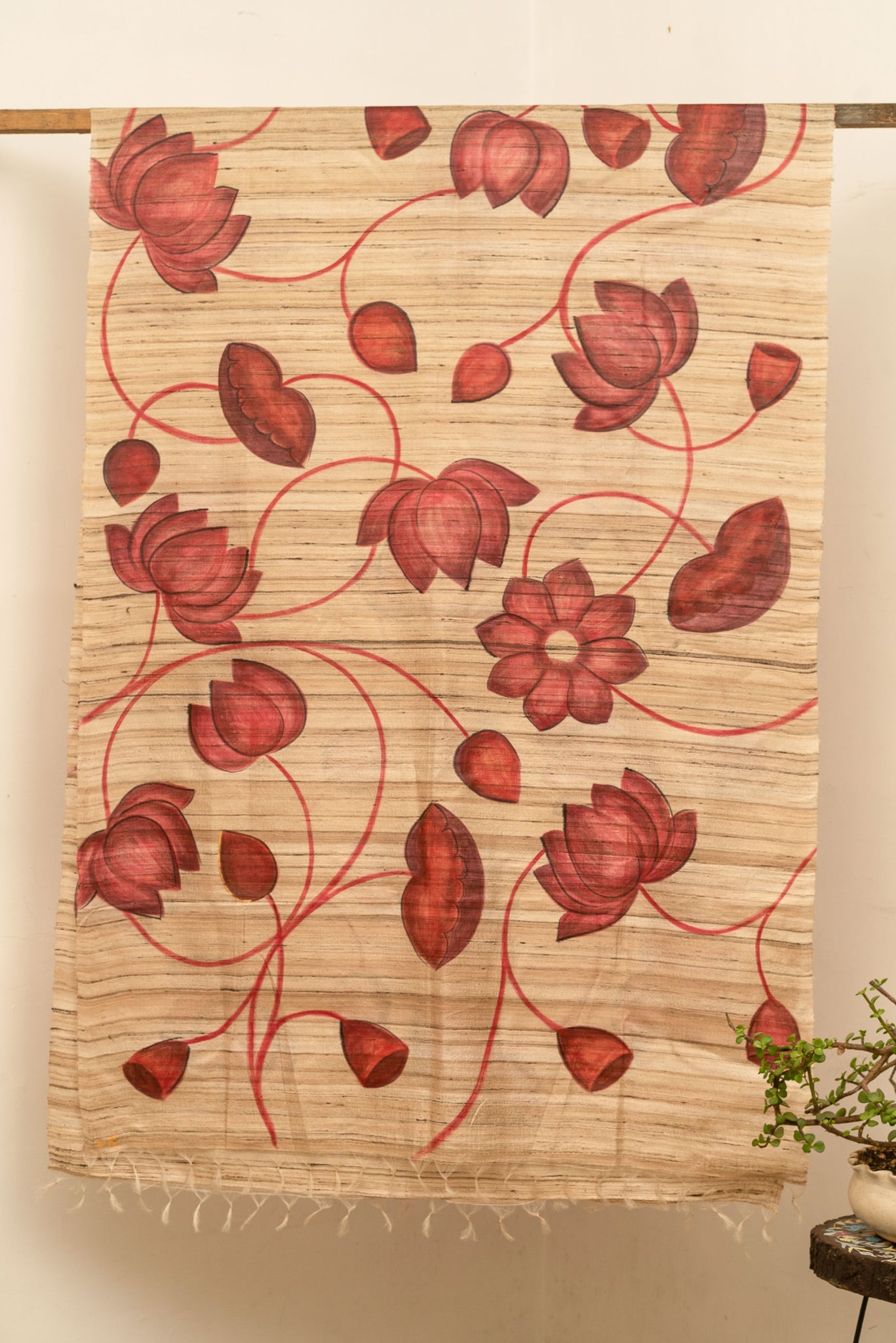 Buy mahroon Handwoven Tussar Dupatta on Guthali.com, Handpainted Dupatta