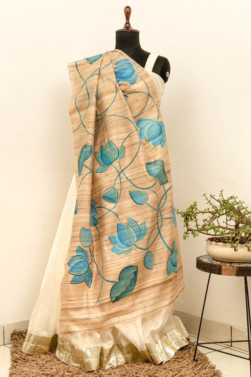 Buy Beige Handwoven Tussar Dupatta on Guthali.com, Handpainted Dupatta