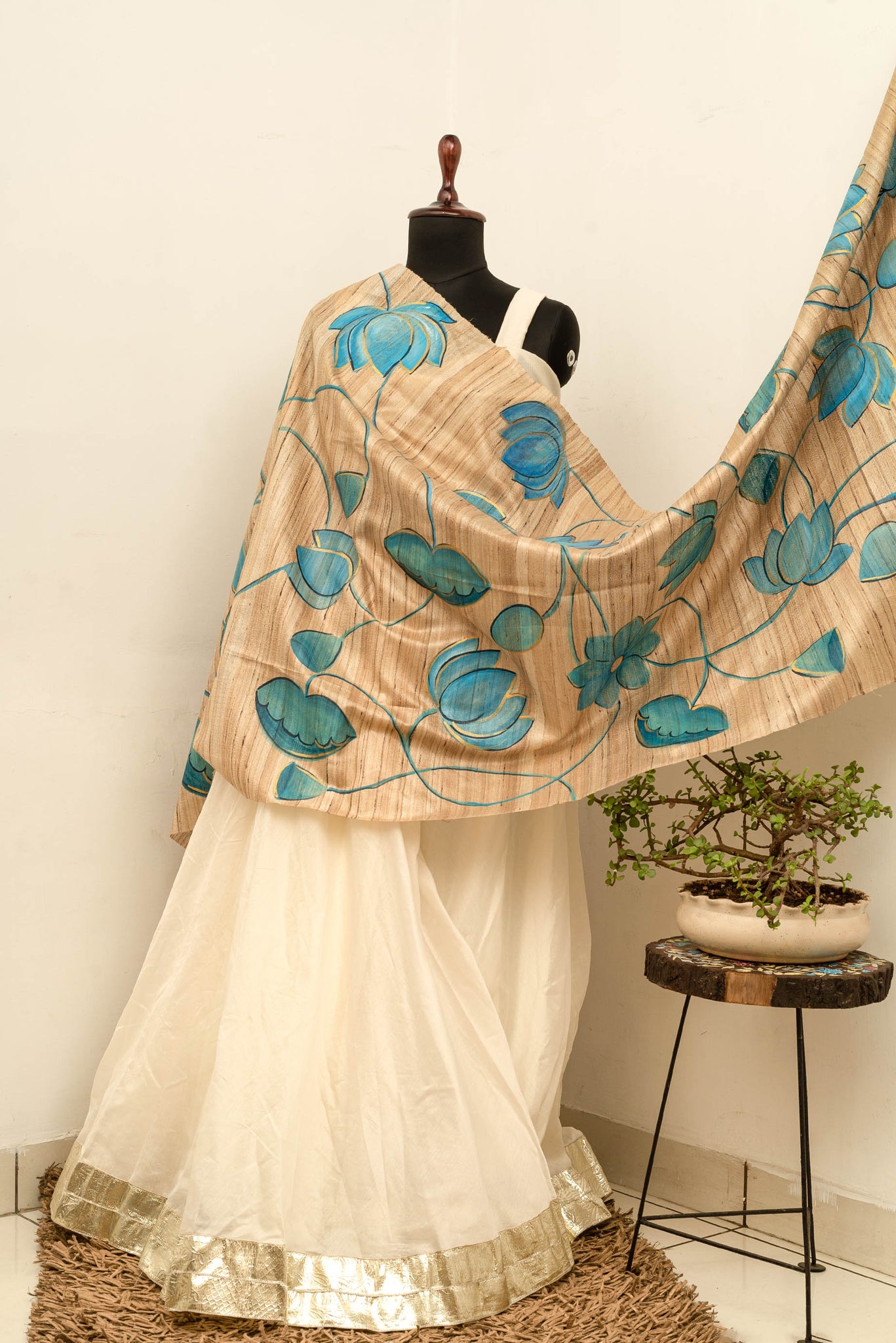 Buy Beige Handwoven Tussar Dupatta on Guthali.com, Handpainted Dupatta