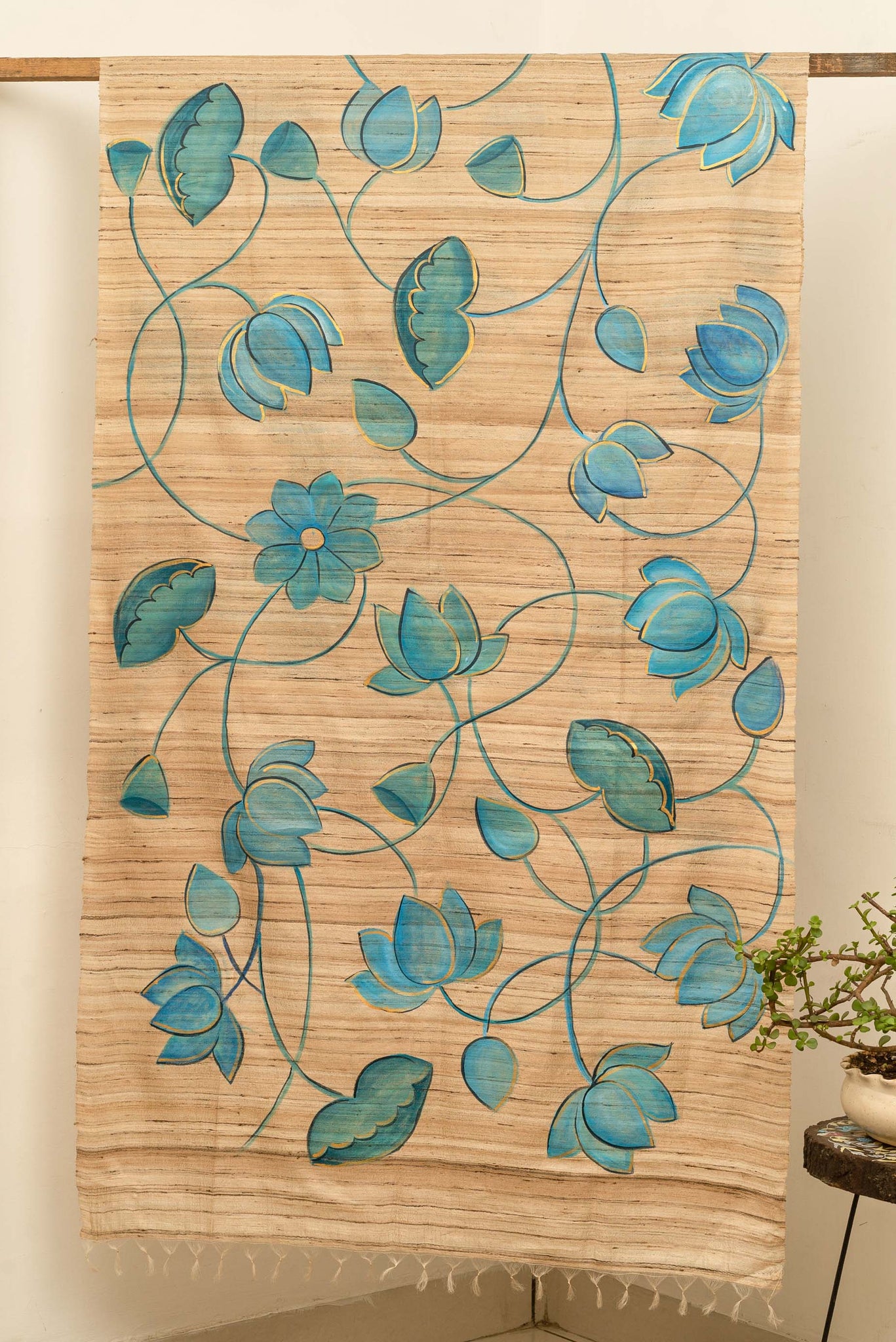 Buy Beige Handwoven Tussar Dupatta on Guthali.com, Handpainted Dupatta