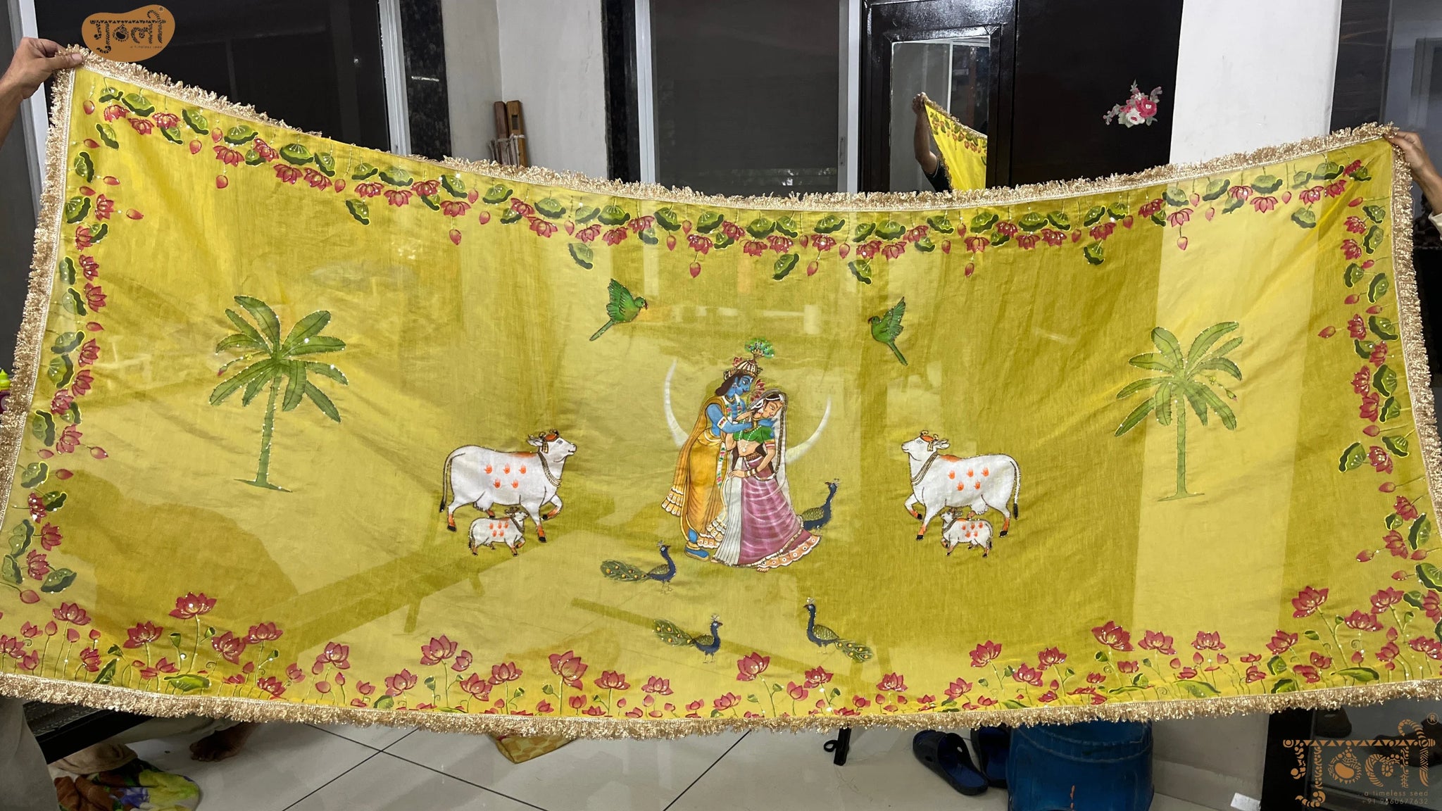 Genda Handpainted Peela Vrindavan Pichwai Dupatta – Guthali